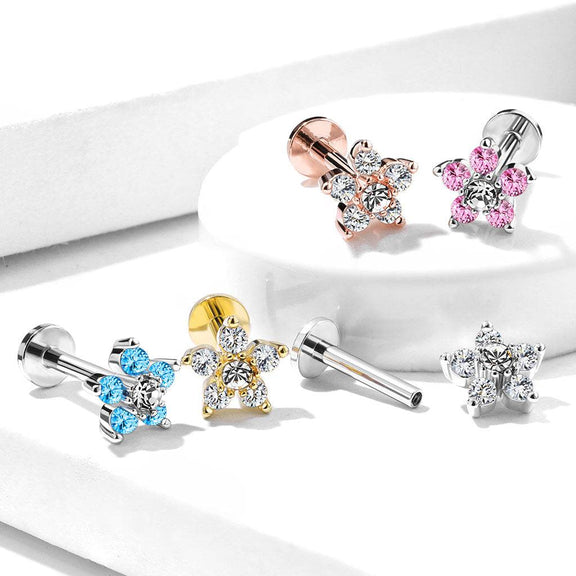 Gold Plated Surgical Steel Internally Threaded White Gem Flower Flat ...