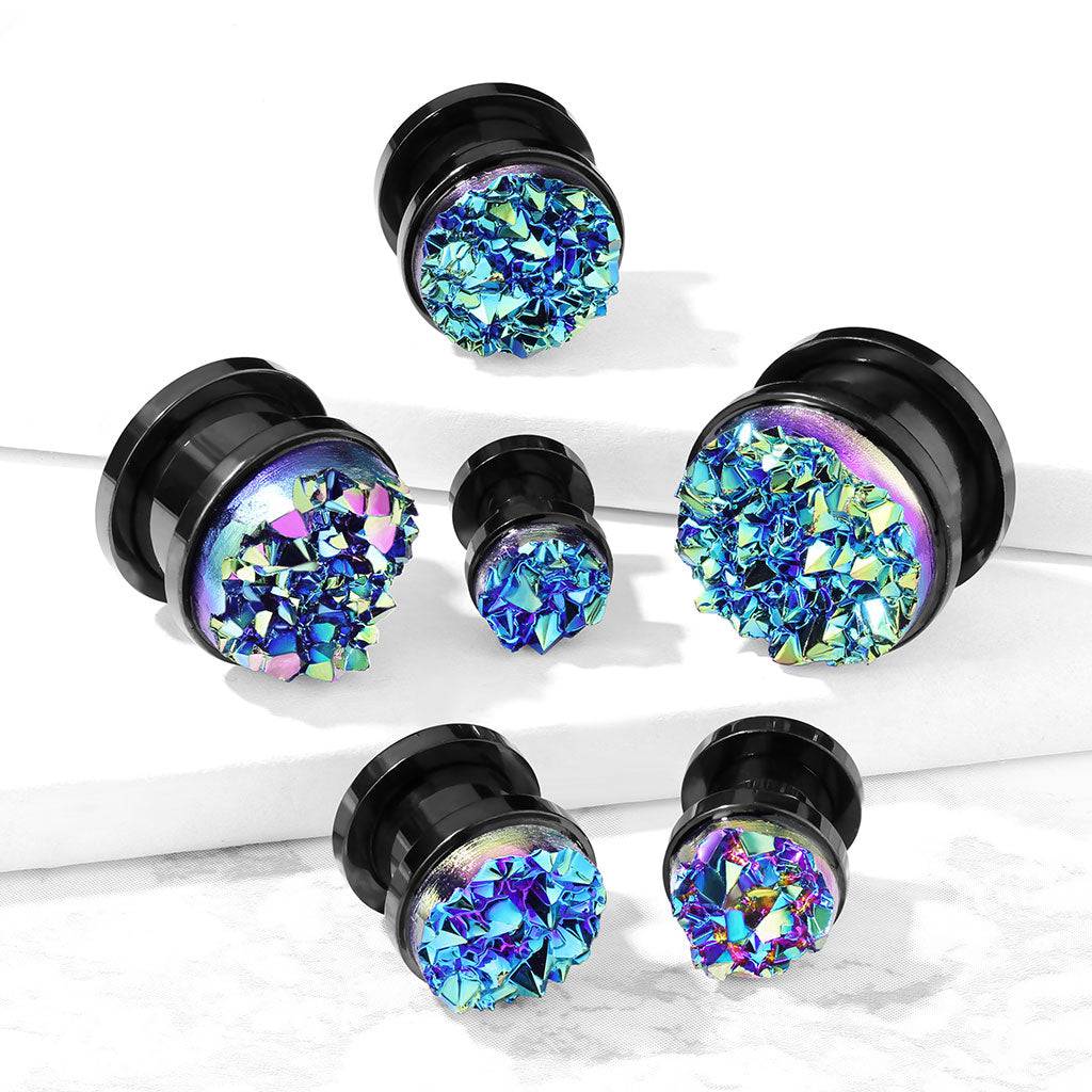 Screw On Blue Druzy Stone Black Ear Gauges Plugs | Pierced Universe