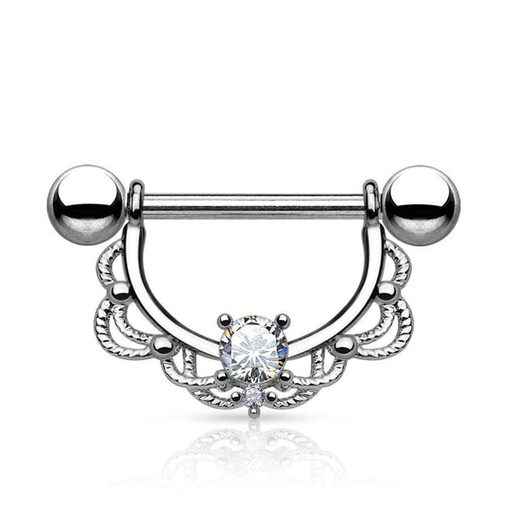 Surgical Steel Nipple Ring Barbell with Filigree Lace Shield with CZ ...